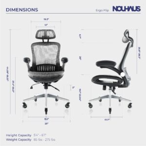 Nouhaus ErgoFlip Mesh Computer Chair - Grey Rolling Desk Chair with Retractable Armrest and Blade Wheels Ergonomic Office Chair, Desk Chairs, Executive Swivel Chair/High Spec Base