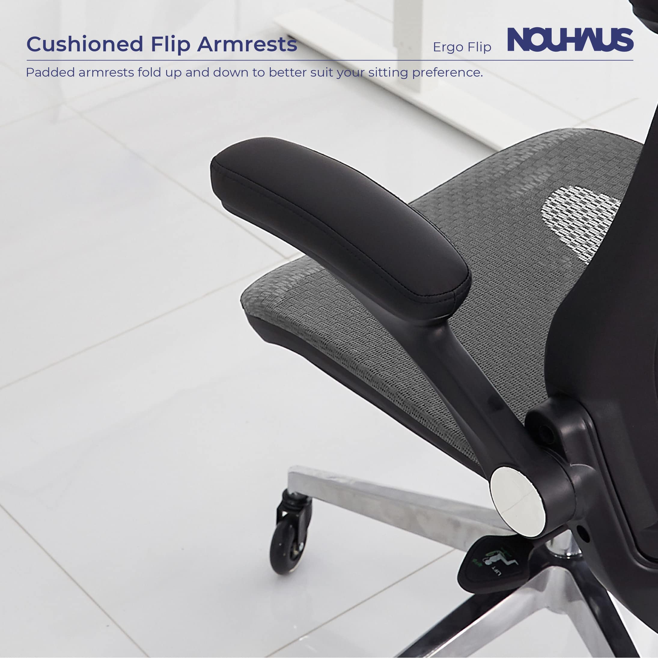 Nouhaus ErgoFlip Mesh Computer Chair - Grey Rolling Desk Chair with Retractable Armrest and Blade Wheels Ergonomic Office Chair, Desk Chairs, Executive Swivel Chair/High Spec Base