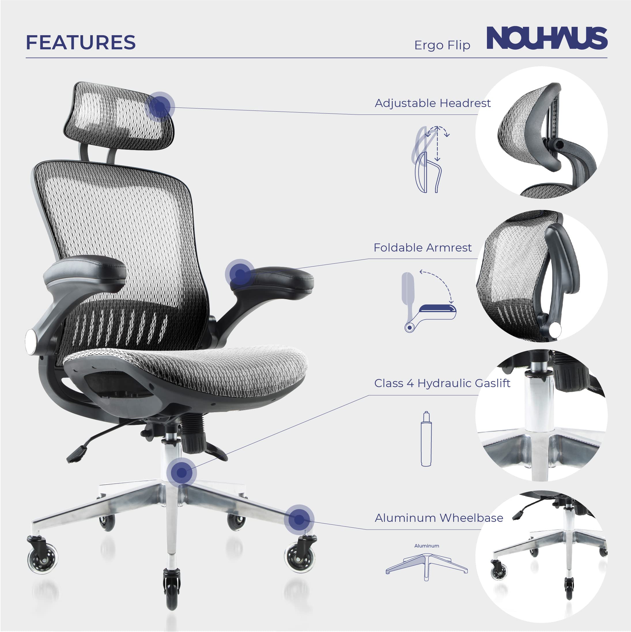 Nouhaus ErgoFlip Mesh Computer Chair - Grey Rolling Desk Chair with Retractable Armrest and Blade Wheels Ergonomic Office Chair, Desk Chairs, Executive Swivel Chair/High Spec Base