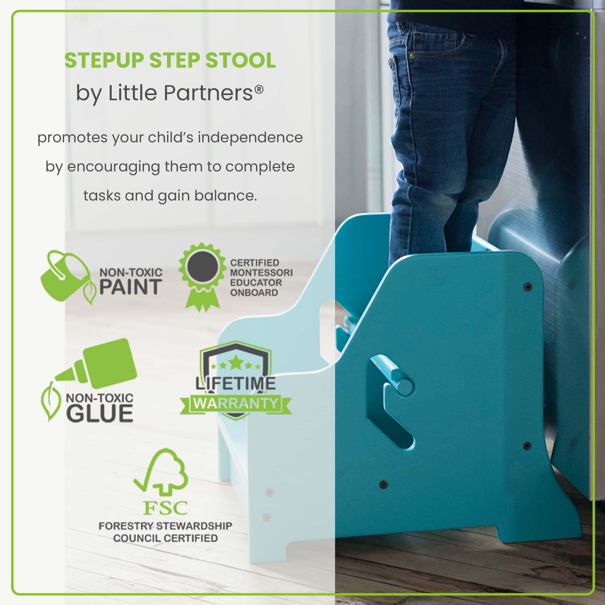 Little Partners Toddler Step Up Stool | 2 Step Adjustable Height for Kitchen, Bathroom or Nursery (Turquoise)