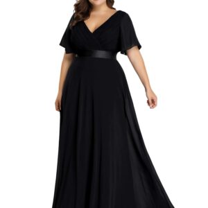 Ever-Pretty Women's Long V-Neck Ruffle Short Sleeves Plus Size Bridesmaid Dresses Black US22