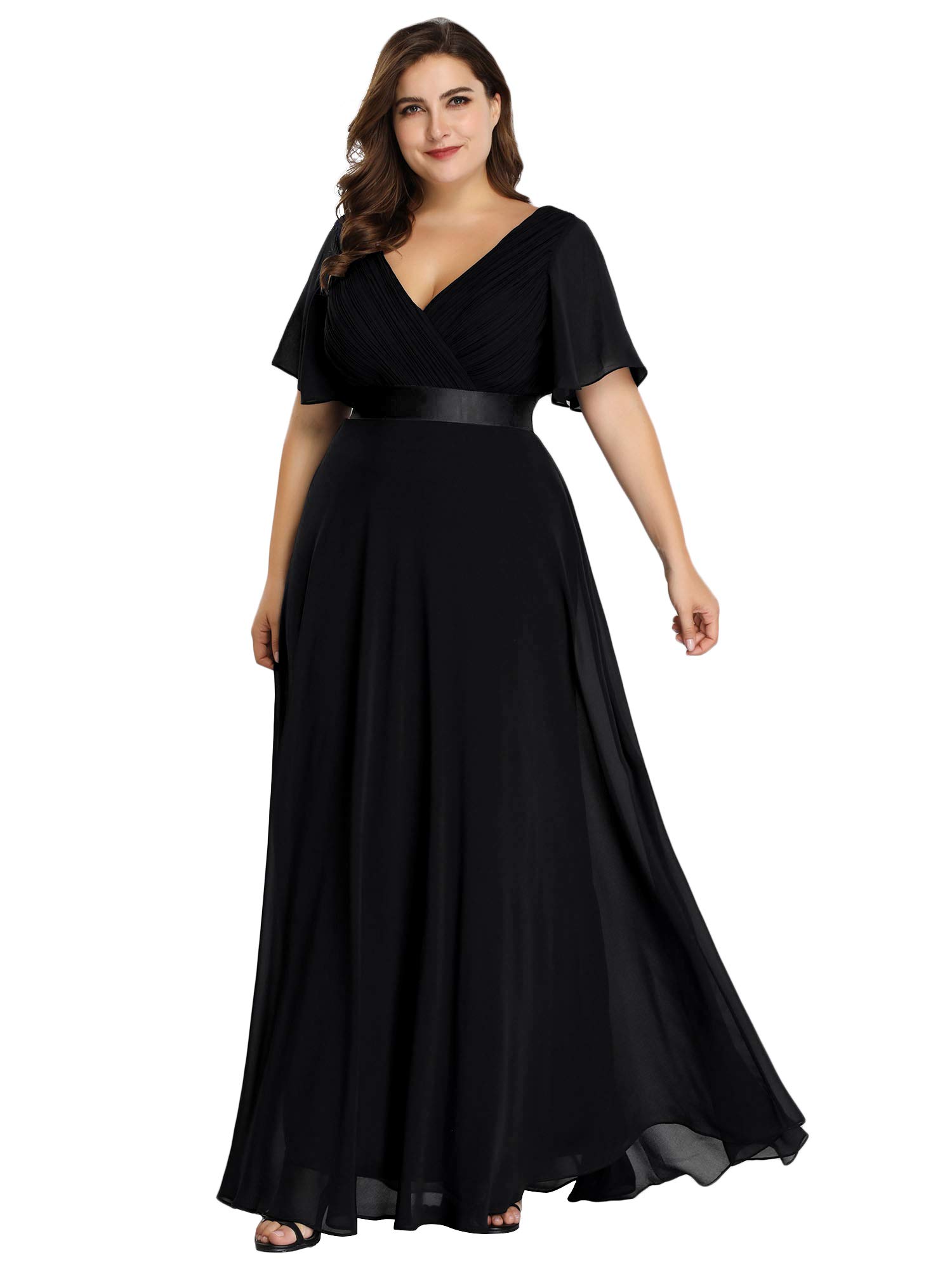 Ever-Pretty Women's Long V-Neck Ruffle Short Sleeves Plus Size Bridesmaid Dresses Black US22