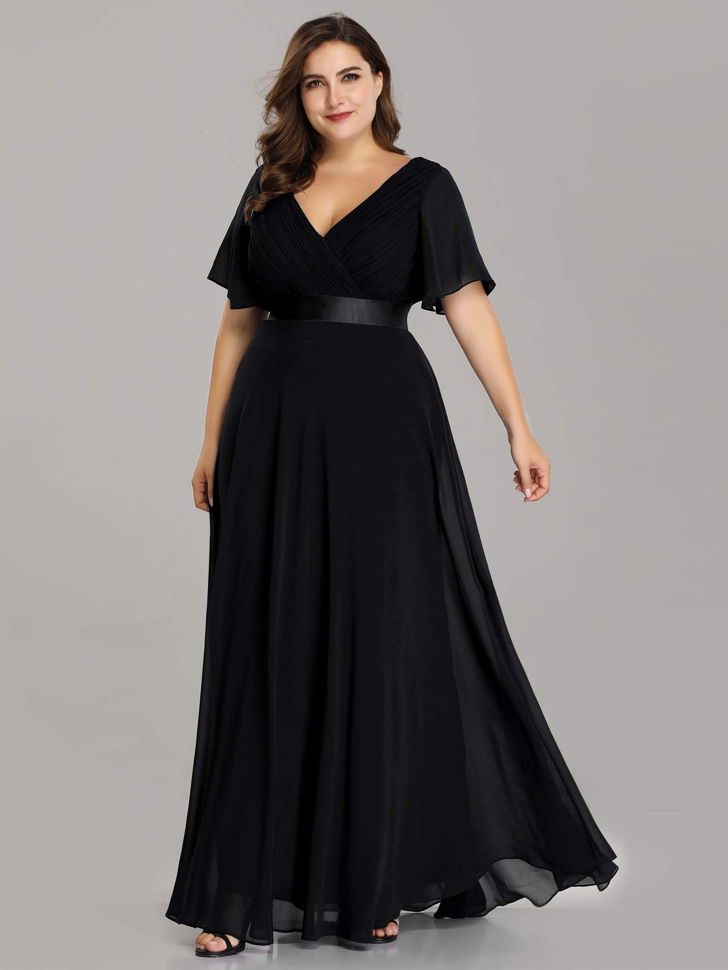 Ever-Pretty Women's Long V-Neck Ruffle Short Sleeves Plus Size Bridesmaid Dresses Black US22