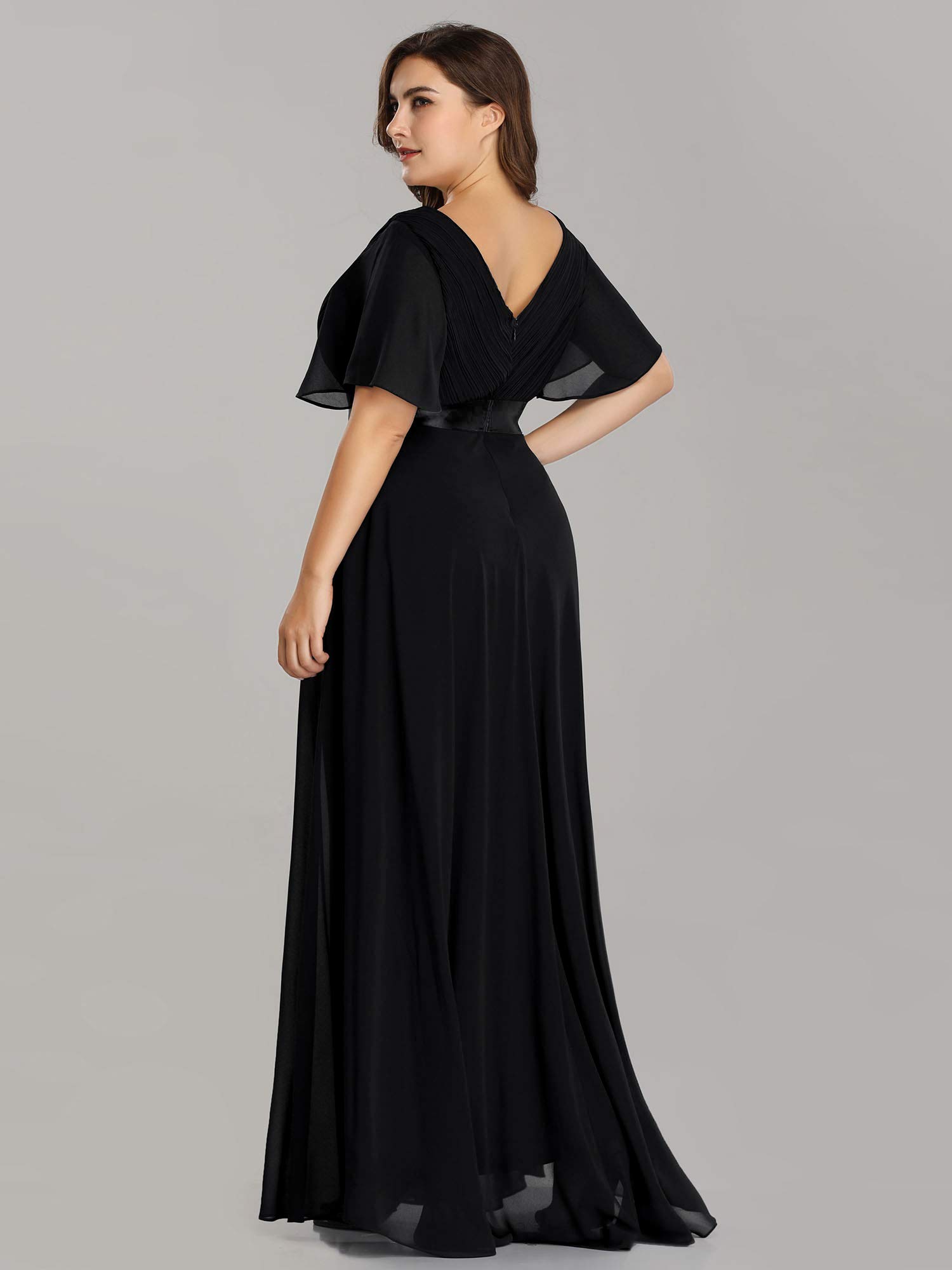 Ever-Pretty Women's Long V-Neck Ruffle Short Sleeves Plus Size Bridesmaid Dresses Black US22