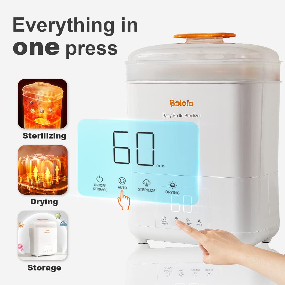 Bololo Baby Bottle Sterilizer and Dryer| Sanitizer for Baby Bottles，Breast Pump | 600W Stronger Power eletric bottle steamer box | LED Touch Screen | Auto Shut-Off