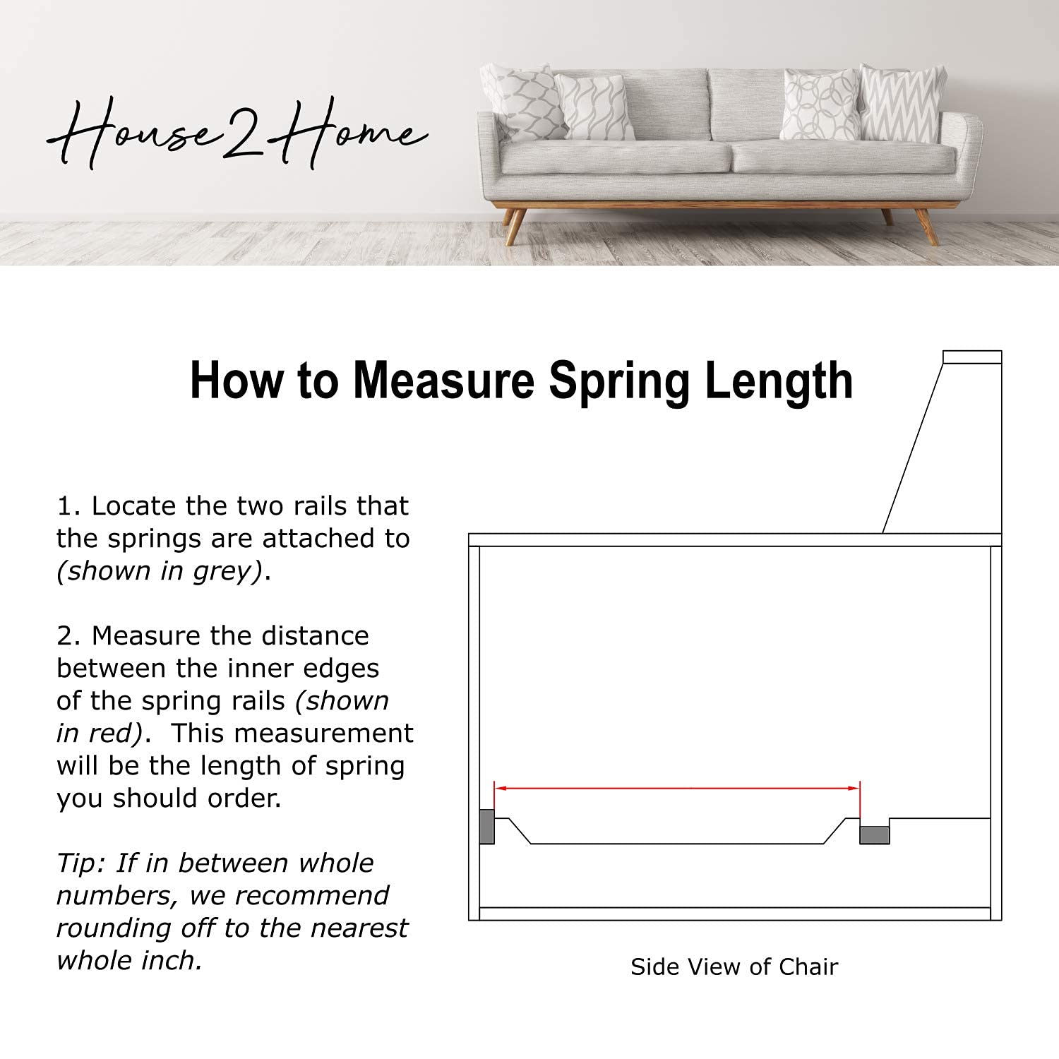 House2Home 27" Couch Spring Repair Kit to Fix Sofa Support for Sagging Cushions - Includes 2pk of Springs, Upholstery Spring Clips, Seat Spring Stay Wire, Screws, and Installation Instructions