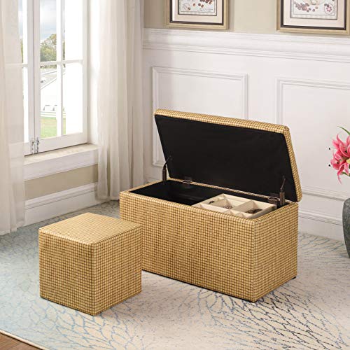 ORE International Inc. HB4796 18" Yellow Gold Plaid Leatherette Marble Pattern Storage Ottoman Hidden Tray + 1 SEAT