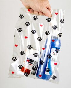 pet themed clear scatter print bags 9" x 12" paw prints & hearts - black & red (msp1008) 100ct bags per box