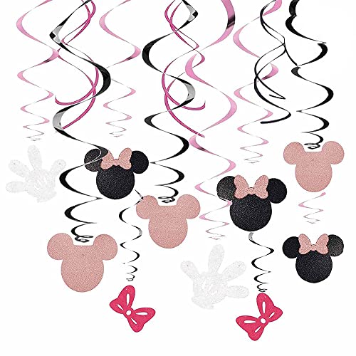 Minnie Happy Birthday Hanging Swirl Decorations, Ceiling Streamers Mini Mouse Birthday Party Supplies, Dumbo Decorations Party Favors for Kids Girls Glitter Rose Gold, Black and White Decor