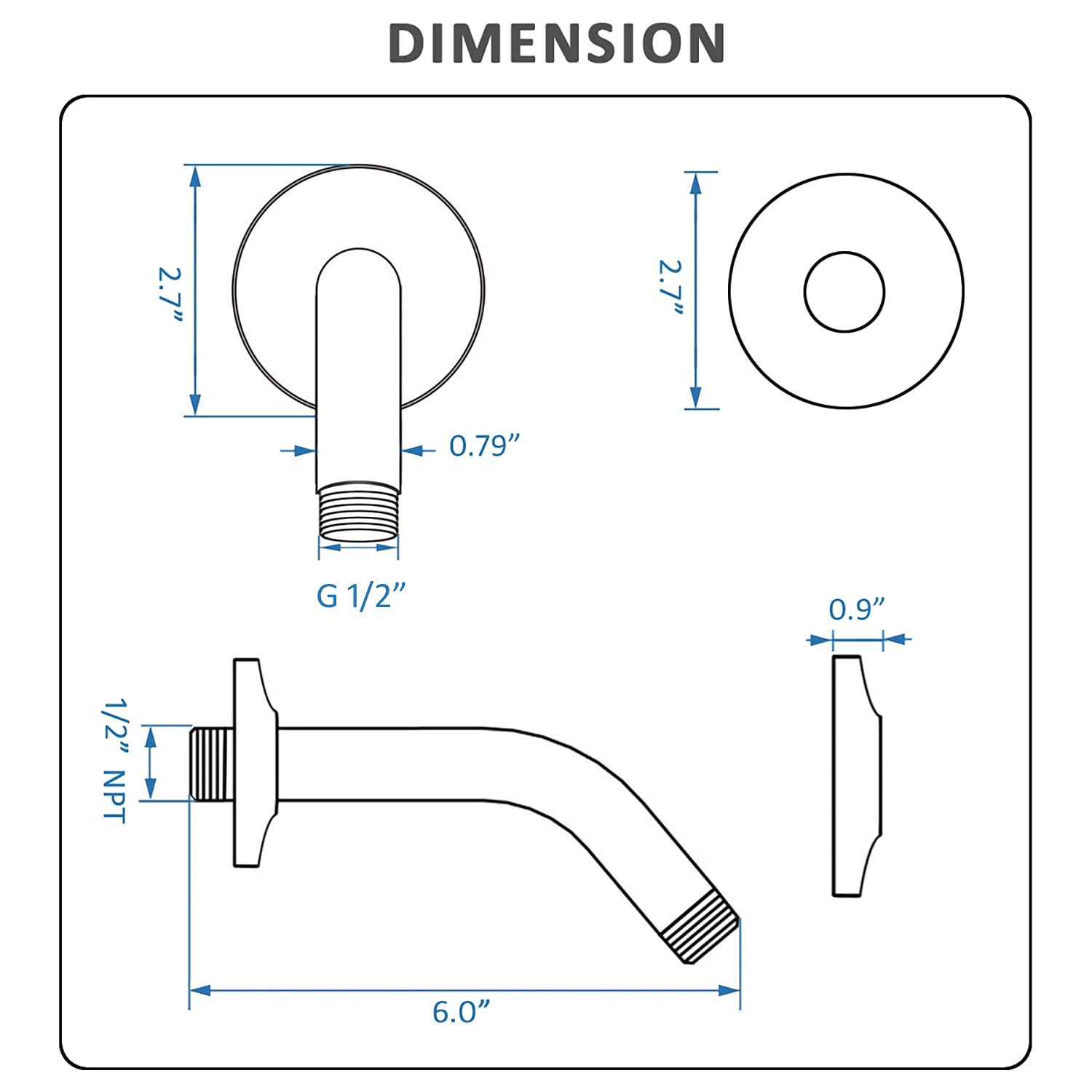 BESTILL Wall Mounted 6 Inch Extension Shower Head Arm, Shower Arm and Flange Included, Matte Black