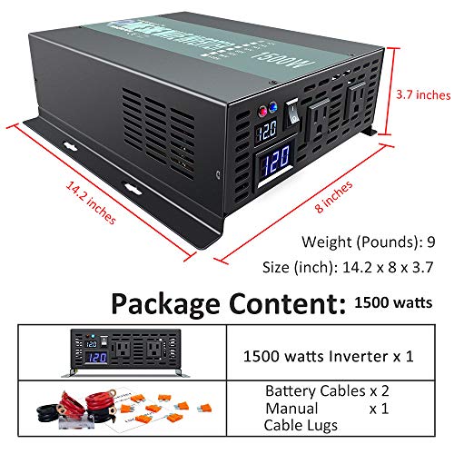 WZRELB 1500W 24V Dc to 120V AC Pure Sine Wave Solar Inverter Off Grid Power Inverter for RV Camping