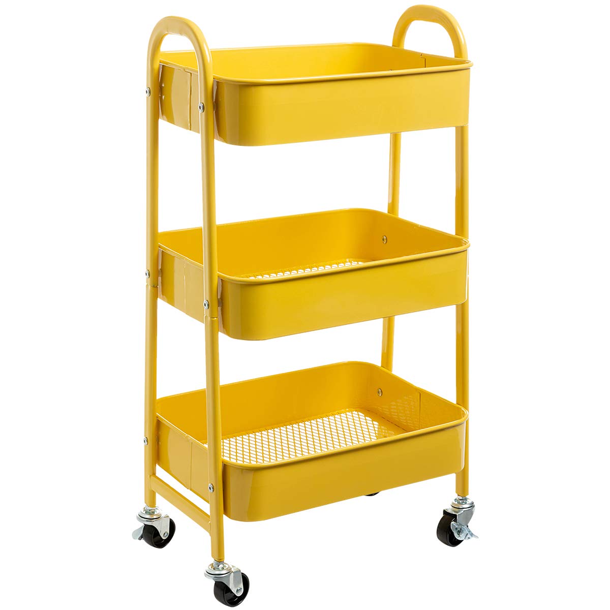 AGTEK Makeup Cart, Movable Rolling Organizer Cart, 3 Tier Metal Utility Cart, Yellow