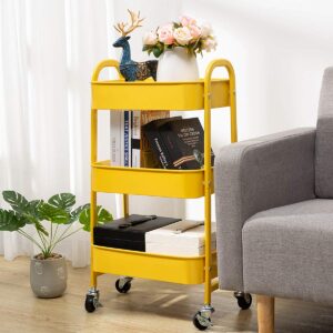 AGTEK Makeup Cart, Movable Rolling Organizer Cart, 3 Tier Metal Utility Cart, Yellow