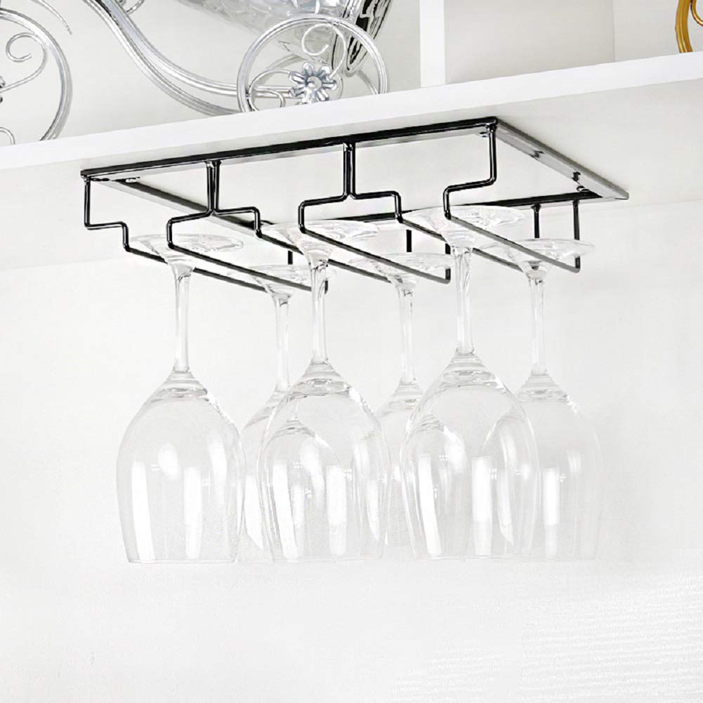 FOMANSH Wine Glass Rack - Under Cabinet Stemware Wine Glass Holder Glasses Storage Hanger Metal Organizer for Bar Kitchen Black