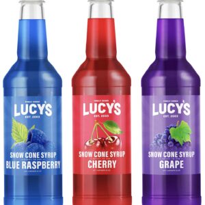 Lucy's Family Owned Shaved Ice Snow Cone Syrups - Cherry, Blue Raspberry, Grape - 32oz Syrup Bottles (Pack of 3) (Classic Pack)