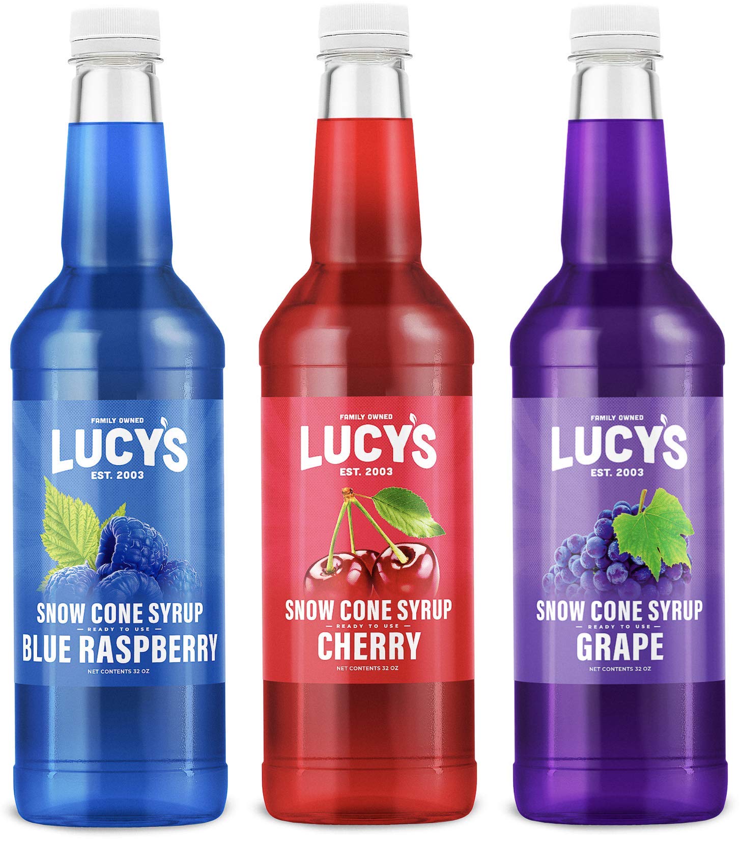 Lucy's Family Owned Shaved Ice Snow Cone Syrups - Cherry, Blue Raspberry, Grape - 32oz Syrup Bottles (Pack of 3) (Classic Pack)