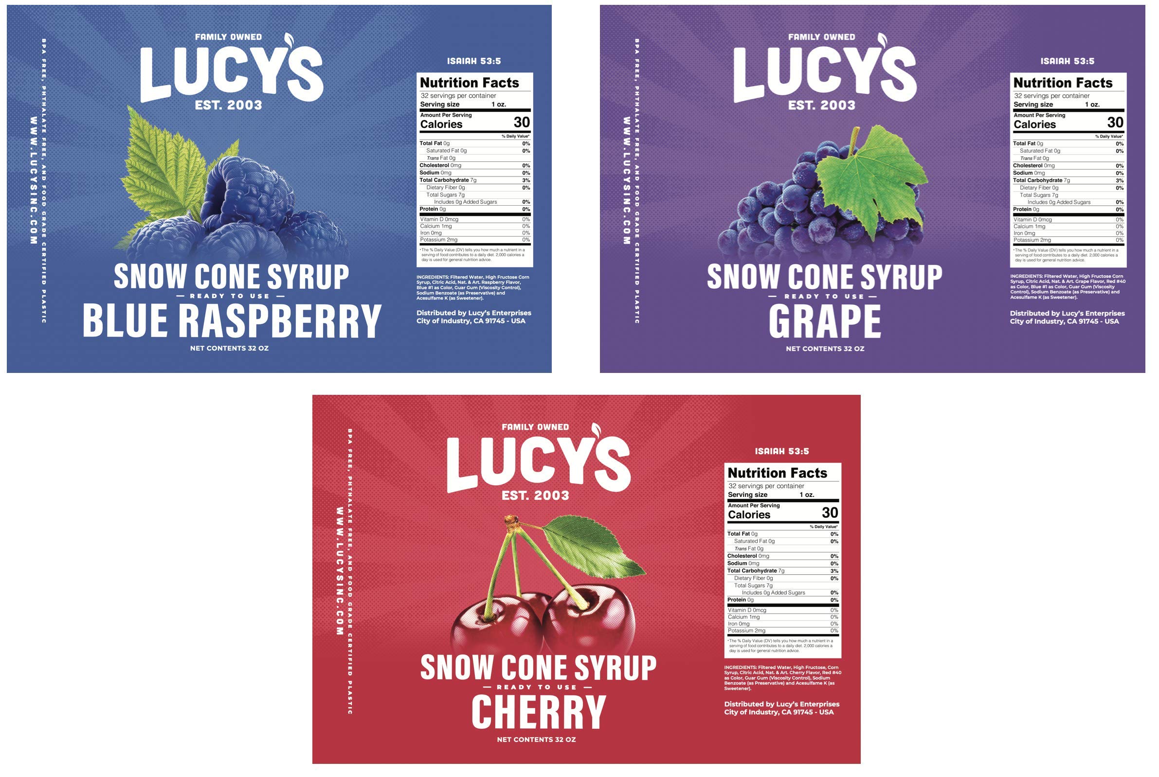 Lucy's Family Owned Shaved Ice Snow Cone Syrups - Cherry, Blue Raspberry, Grape - 32oz Syrup Bottles (Pack of 3) (Classic Pack)