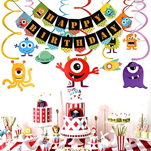 Konsait Monster Bash Birthday Party Decorations, Monster Hanging Swirl Decoration and Happy Birthday Banner for Boys Girls Kids Birthday Party Supplies