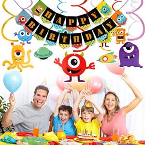 Konsait Monster Bash Birthday Party Decorations, Monster Hanging Swirl Decoration and Happy Birthday Banner for Boys Girls Kids Birthday Party Supplies