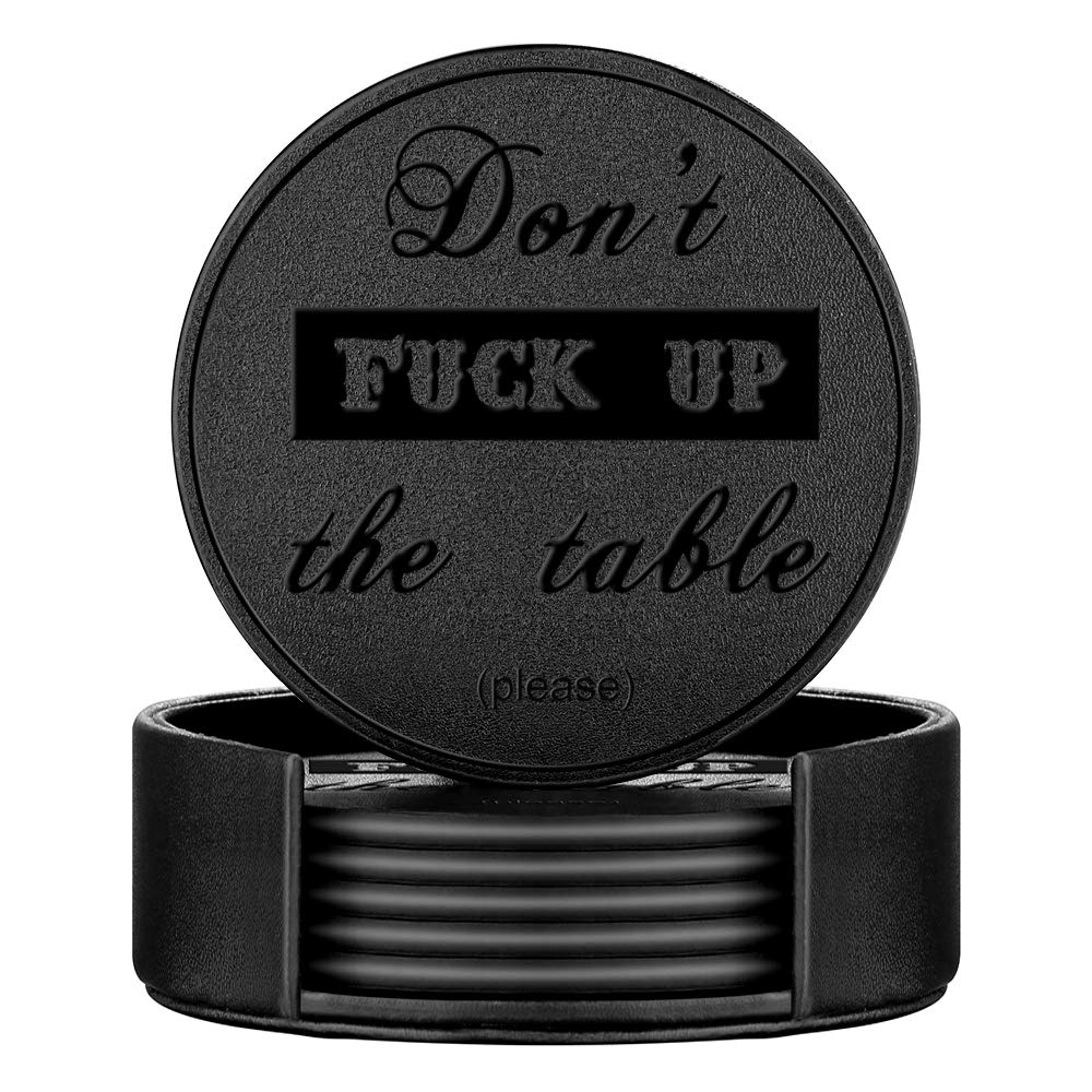 Funny Coasters, Thipoten 6 Pcs Leather Coasters with Holder, Perfect Housewarming Hostess Gifts, Protect Furniture from Water Marks Scratch and Damage(6Pcs, Black)