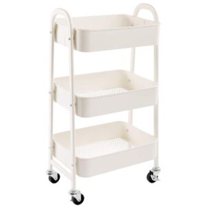 agtek makeup cart, movable rolling organizer cart, white 3 tier metal utility cart