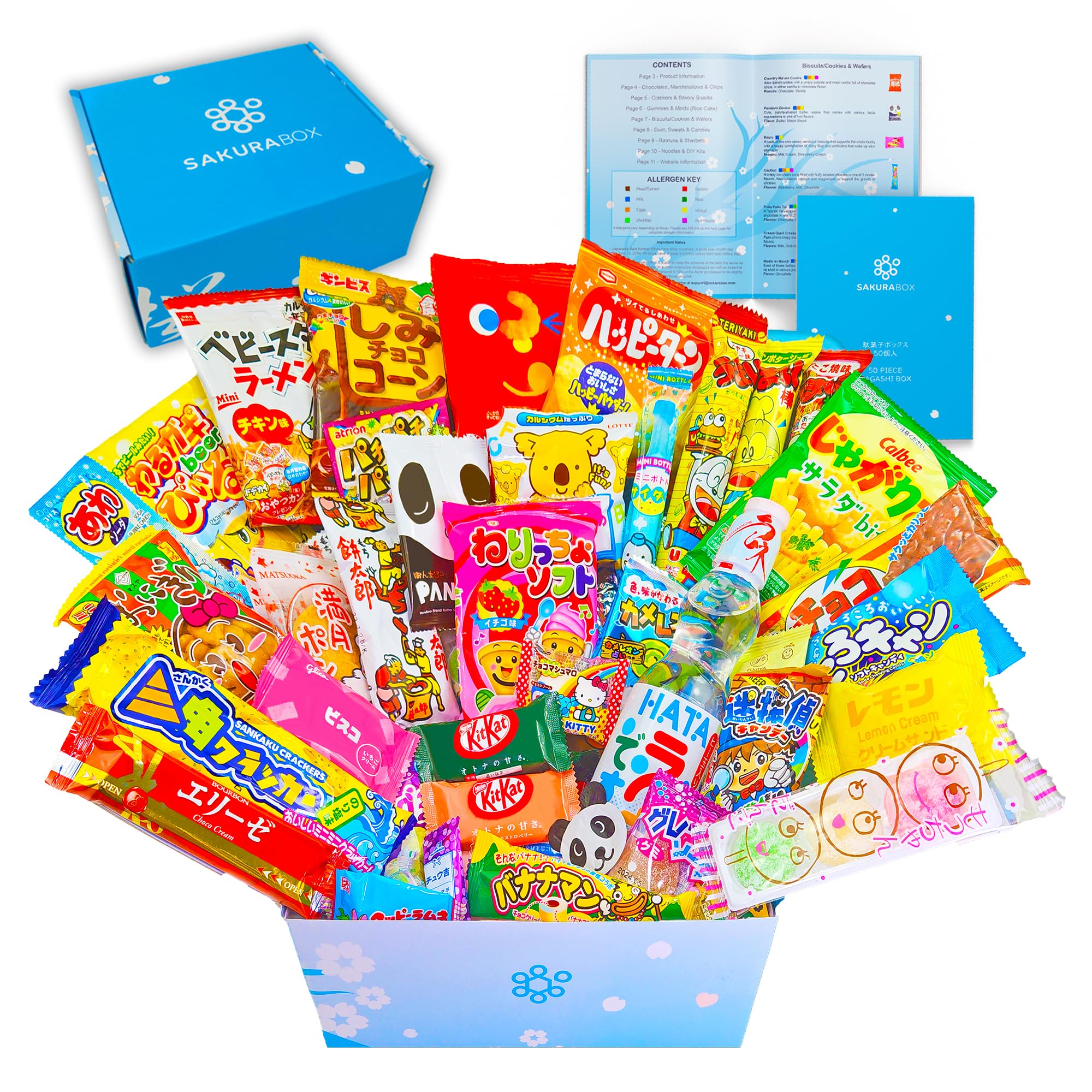 Sakura Box Japanese Candy & Snacks Dagashi Set & Pamphlet 50 Pieces Japanese Food Gift Box