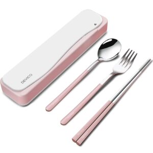 devico travel utensils, 18/8 stainless steel 4pcs cutlery set portable camp reusable flatware silverware, include fork spoon chopsticks with case (pink)