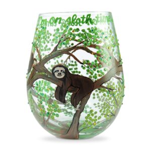 enesco designs by lolita sloth time hand-painted artisan stemless wine glass, 1 count (pack of 1), multicolor