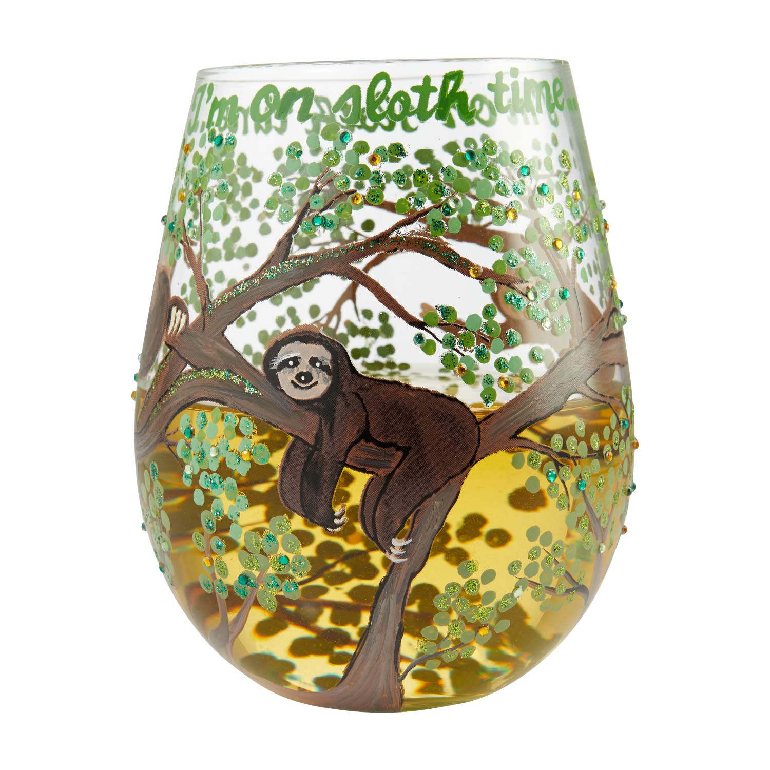 Enesco Designs by Lolita Sloth Time Hand-Painted Artisan Stemless Wine Glass, 1 Count (Pack of 1), Multicolor