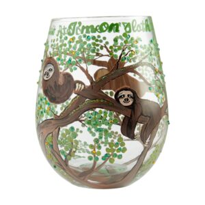 Enesco Designs by Lolita Sloth Time Hand-Painted Artisan Stemless Wine Glass, 1 Count (Pack of 1), Multicolor