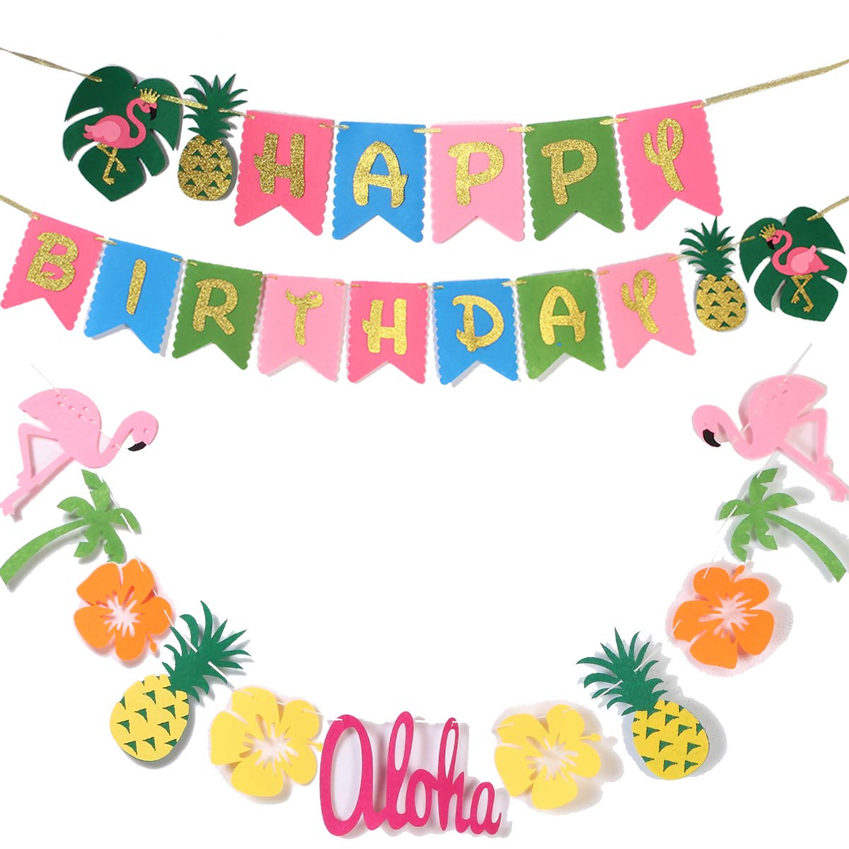 Hawaiian Party Decoration |Luau Party Supplies| Hawaiian Tropical Banner, Flamingo Garland for Pool Party Supplies,Tropical Party Decoration(set of 2),Birthday Banner for Beach Moana Party decorations