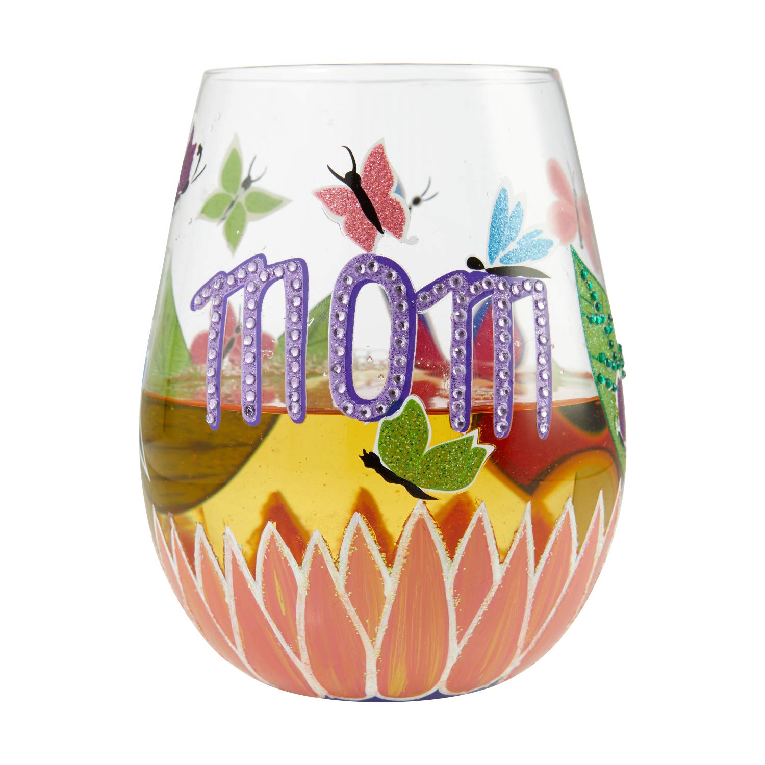 Enesco Designs by Lolita Mom You Helped Me Fly Hand-Painted Artisan Stemless Wine Glass, 1 Count (Pack of 1), Multicolor