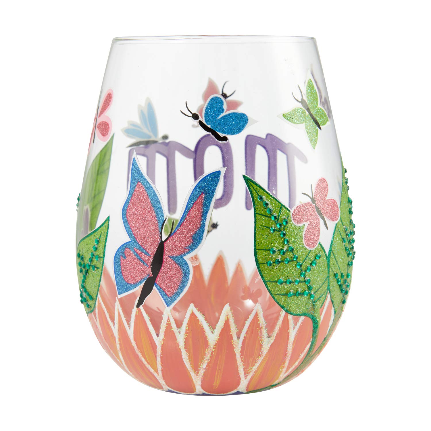 Enesco Designs by Lolita Mom You Helped Me Fly Hand-Painted Artisan Stemless Wine Glass, 1 Count (Pack of 1), Multicolor