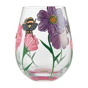 enesco designs by lolita my drinking garden hand-painted artisan stemless wine glass, 1 count (pack of 1), multicolor