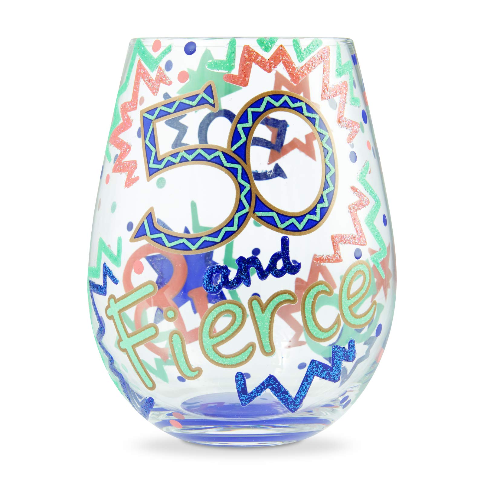 Enesco Designs by Lolita 50 and Fierce Hand-Painted Artisan Stemless Wine Glass, 1 Count (Pack of 1), Multicolor