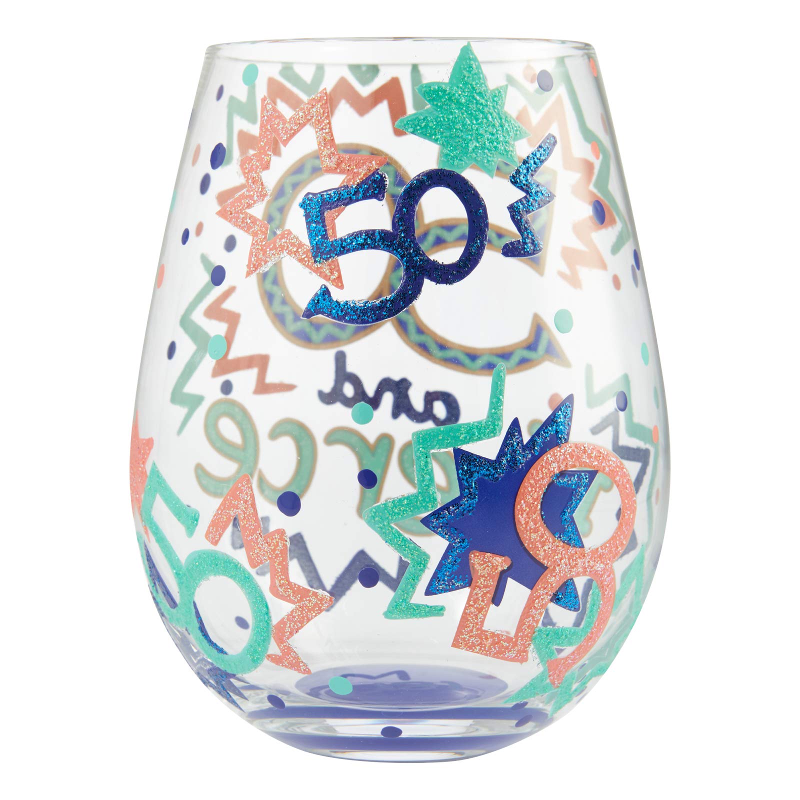 Enesco Designs by Lolita 50 and Fierce Hand-Painted Artisan Stemless Wine Glass, 1 Count (Pack of 1), Multicolor