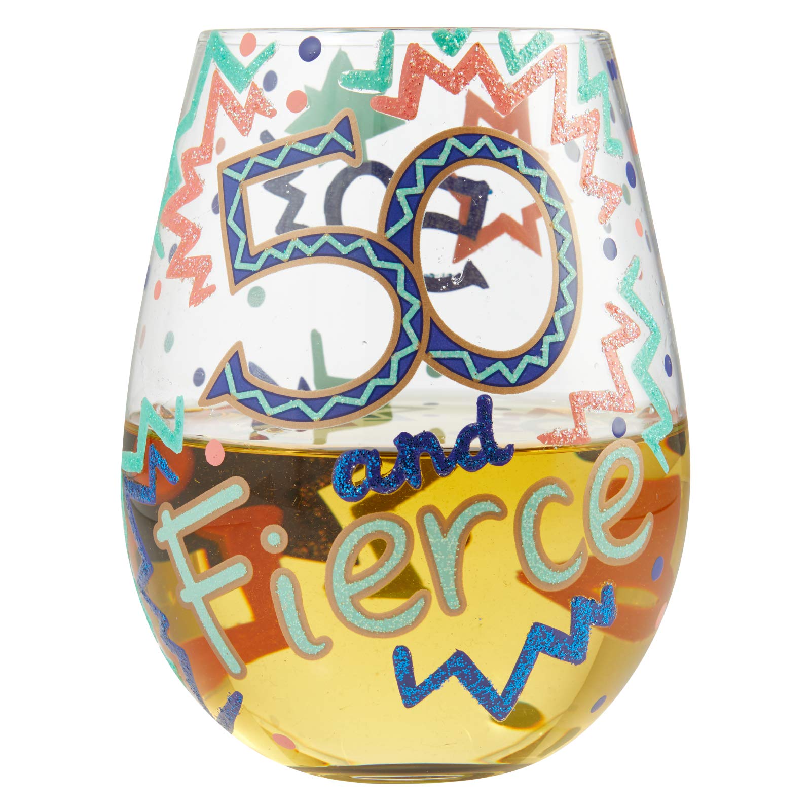 Enesco Designs by Lolita 50 and Fierce Hand-Painted Artisan Stemless Wine Glass, 1 Count (Pack of 1), Multicolor