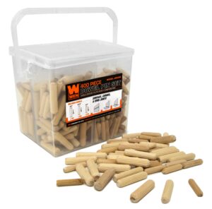 wen jn400d 400-piece fluted dowel pin variety bucket with 1/4, 5/16, and 3/8-inch woodworking dowels