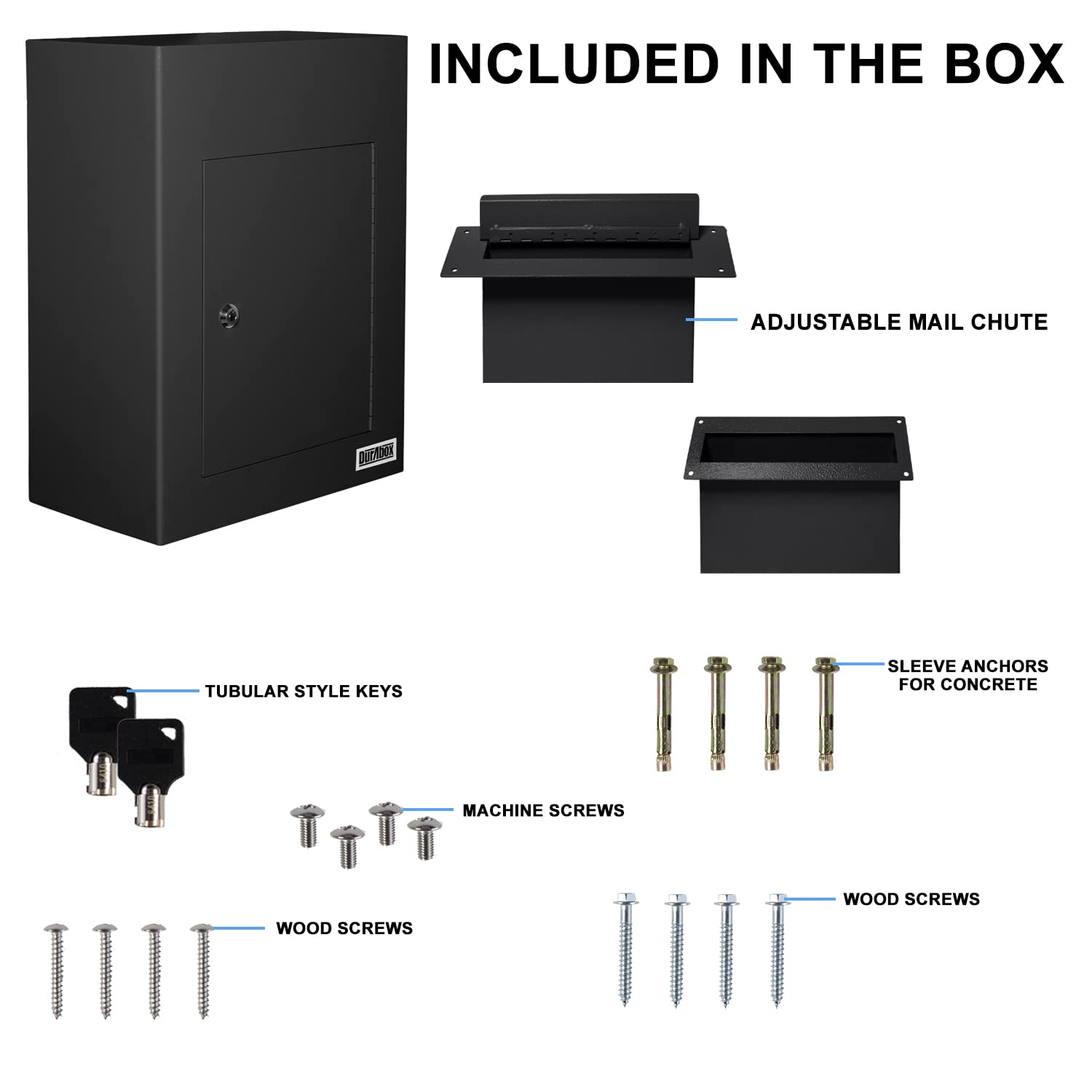 Durabox D700 Through the Wall Drop Box, Tubular Key Locking Secure Mailbox with Adjustable Chute Deposit, Pre-Drilled Mounting Holes - Safe Steel Mail Box (Black)