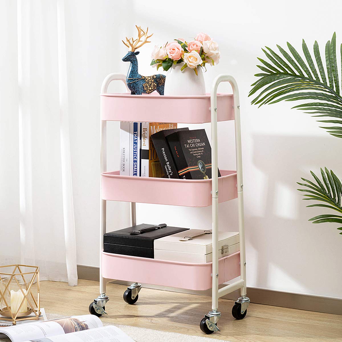 AGTEK Makeup Cart, Movable Rolling Organizer Cart, 3 Tier Metal Utility Cart, White - Pink