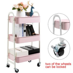 AGTEK Makeup Cart, Movable Rolling Organizer Cart, 3 Tier Metal Utility Cart, White - Pink