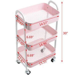 AGTEK Makeup Cart, Movable Rolling Organizer Cart, 3 Tier Metal Utility Cart, White - Pink