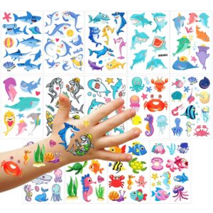 phogary kids temporary tattoos(100pcs+), sea world theme tattoos (20 sheets) - fish, shark, turtle, seahorse, sea star, octopus, crab - marine life patterns fake waterproof tattoos for boys girls