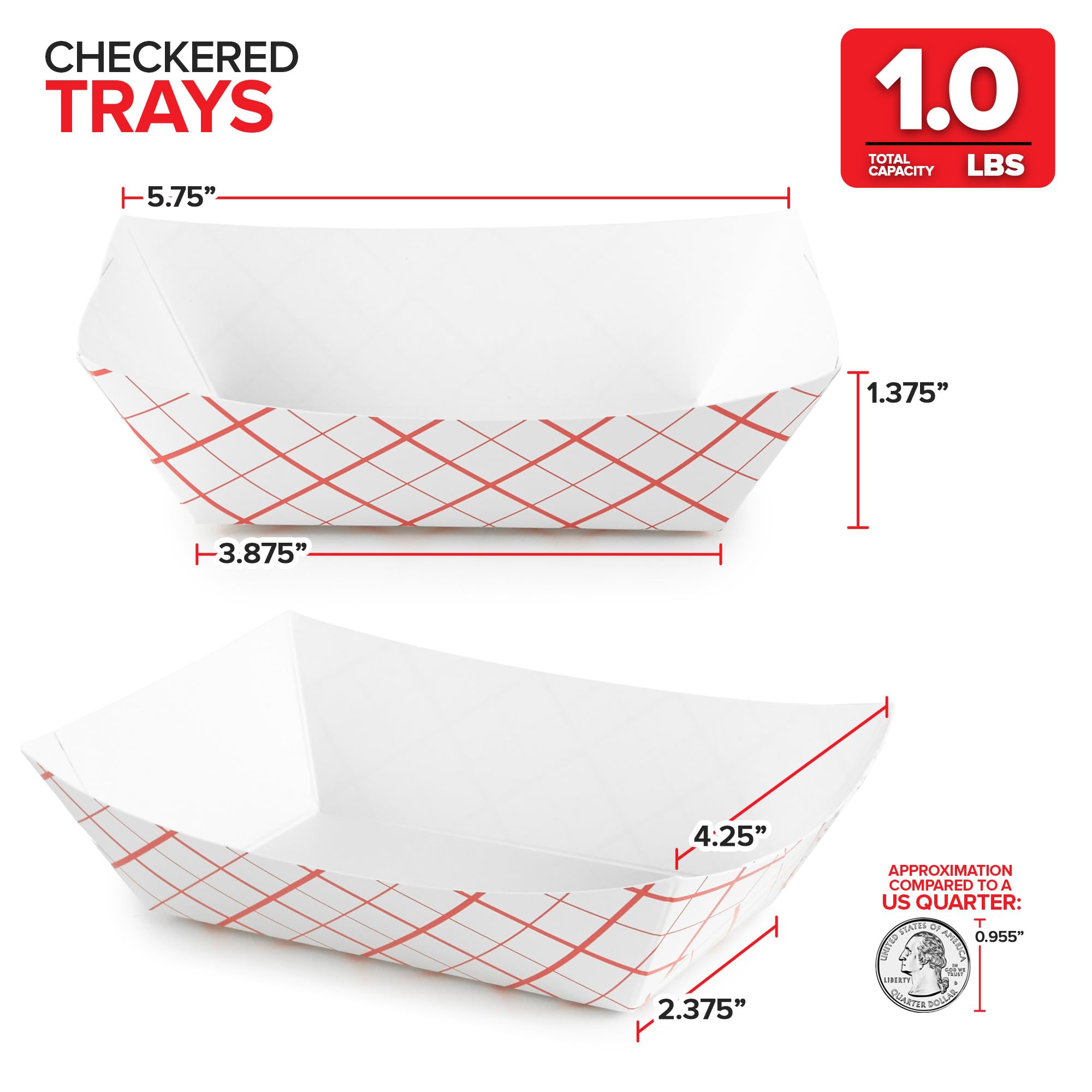 Small Paper Food Boats (100 Pack) 1 Lb Disposable Red & White Checkered Paper Food Trays, Eco Friendly Paper Food Trays, Serving Boats for Concession Food & Condiments, Paper Nacho Trays 4.25" x 2"