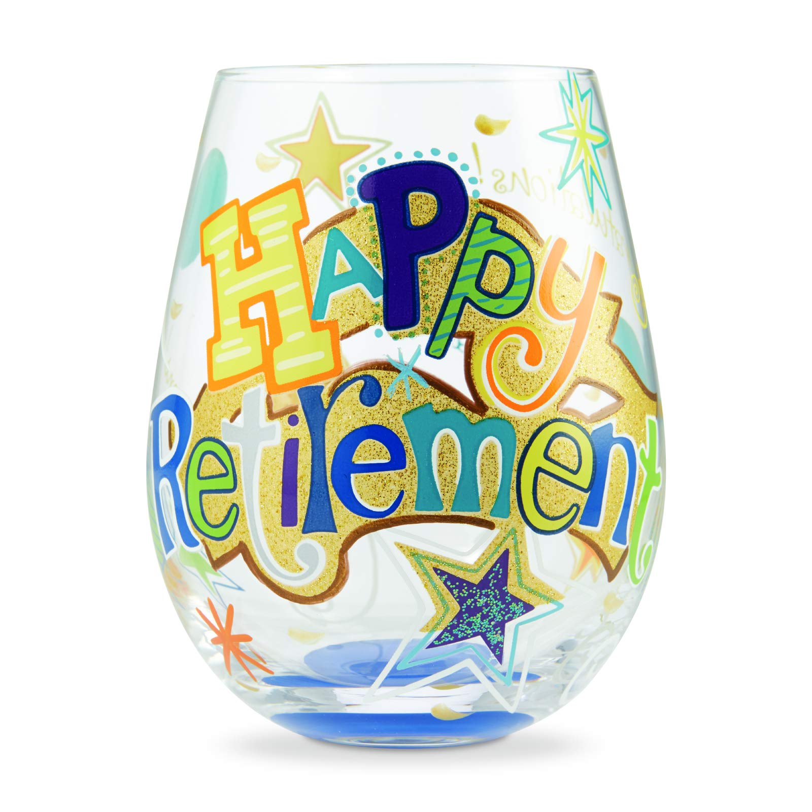 Enesco Designs by Lolita Happy Retirement Hand-Painted Artisan Stemless Wine Glass, 1 Count (Pack of 1), Multicolor