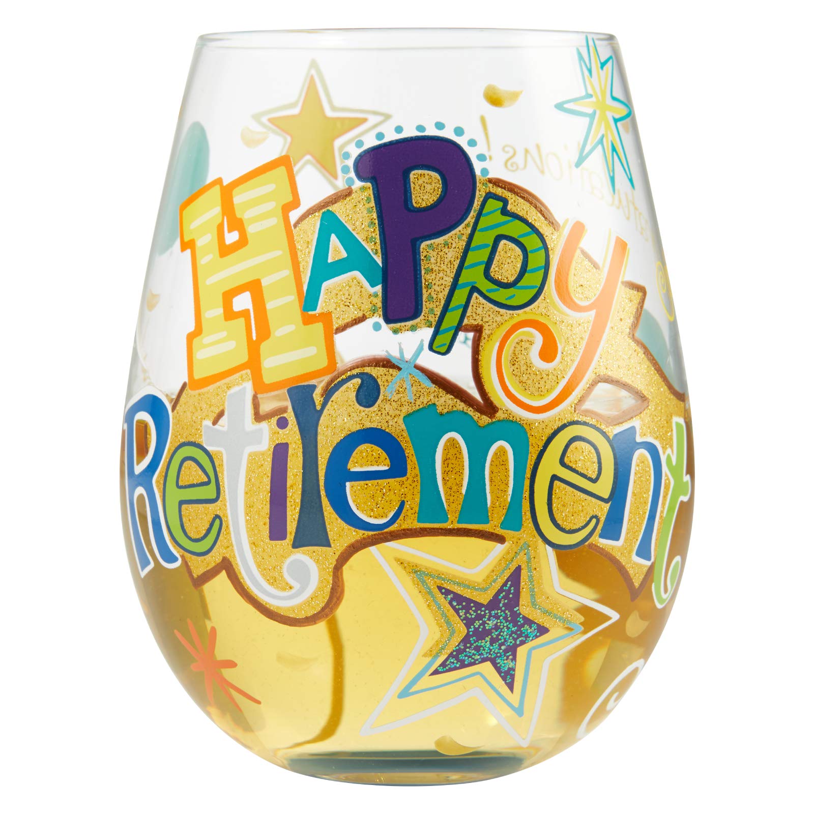 Enesco Designs by Lolita Happy Retirement Hand-Painted Artisan Stemless Wine Glass, 1 Count (Pack of 1), Multicolor