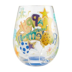 Enesco Designs by Lolita Happy Retirement Hand-Painted Artisan Stemless Wine Glass, 1 Count (Pack of 1), Multicolor