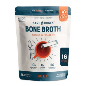 bare bones bone broth instant powdered beverage mix, beef, pack of 16, 15g sticks, 10g protein, keto & paleo friendly