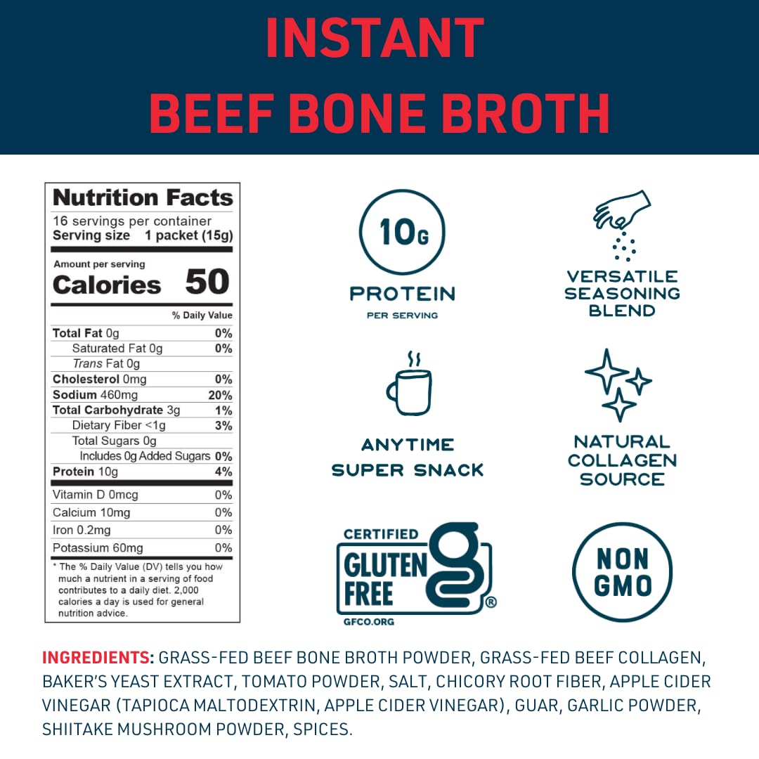 Bare Bones Bone Broth Instant Powdered Beverage Mix, Beef, Pack of 16, 15g Sticks, 10g Protein, Keto & Paleo Friendly