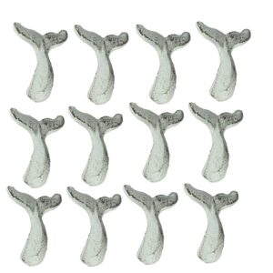 Zeckos Set of 12 Distressed White Cast Iron Whale Tail Drawer Pulls Decorative Bathroom Cabinet Knobs Coastal Kitchen Handle Decor Accessories - 2.25 Inches Long